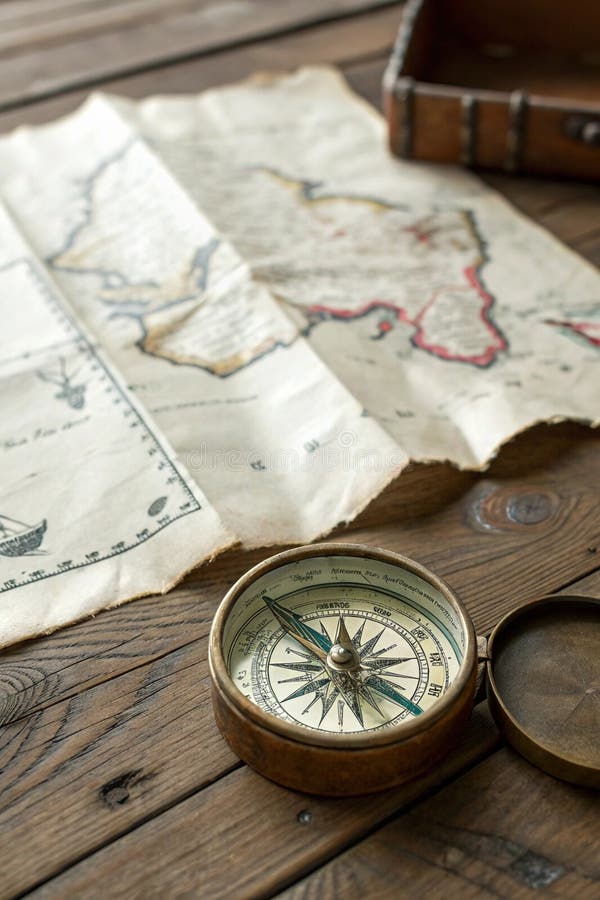 Adventure and Explore Concept with Old Compass on Table and Treasure ...