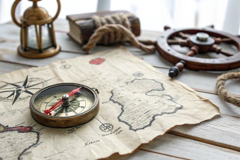Adventure and Explore Concept with Old Compass on Table and Treasure ...