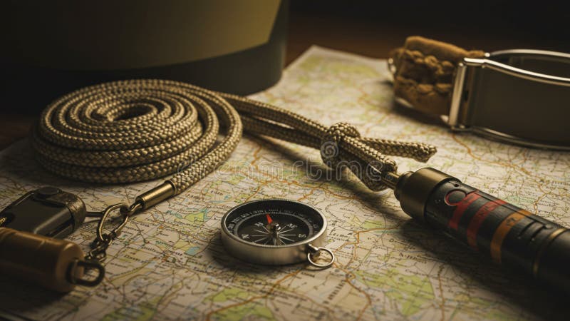 Adventure Gear: Compass, Map, Rope, and Fire Starter Stock Illustration ...