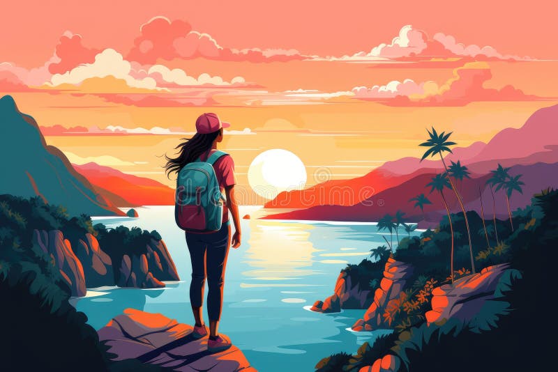 Adventure Girl with Backpack on Seascape AI Generated Stock Image ...