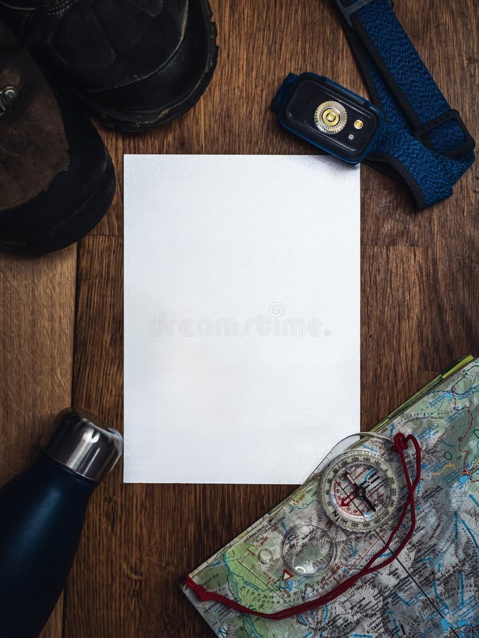 Adventure Hiking Exploration Flat Lay Mockup with Blank Paper Stock ...