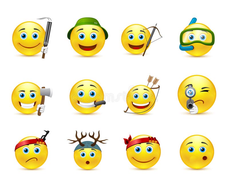 Adventure and Hunting Smiley Icon Set Stock Illustration - Illustration ...