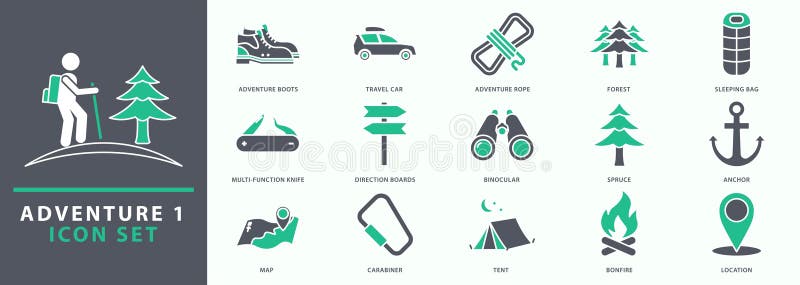 Adventure icon set stock vector. Illustration of text - 354102628