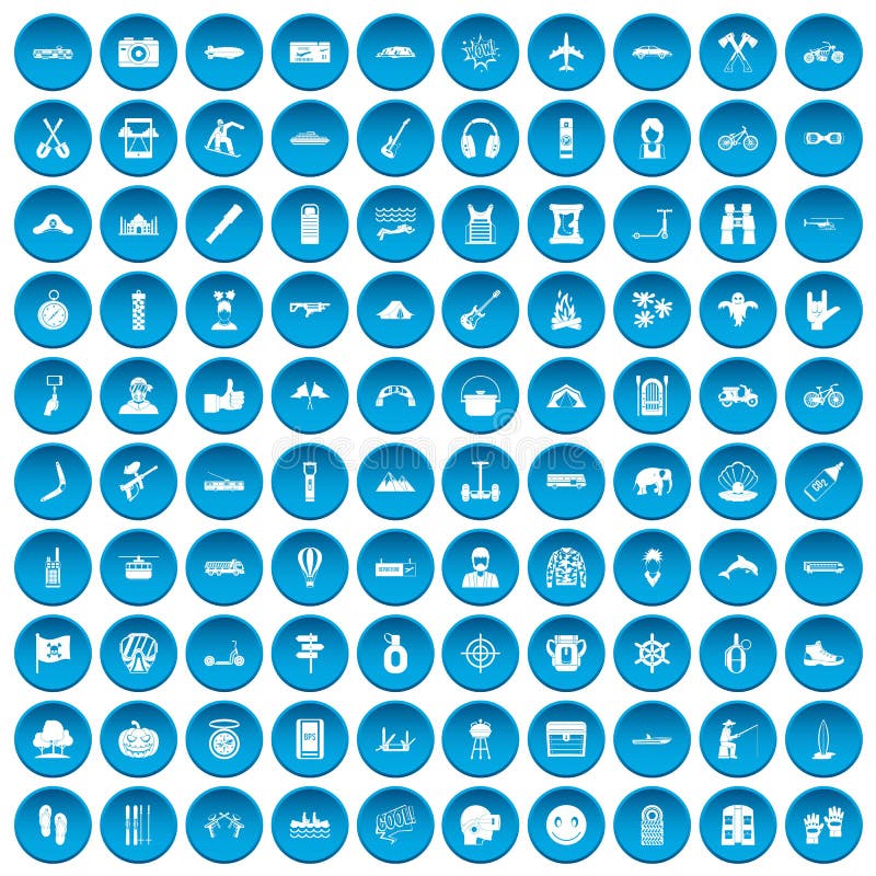 100 Adventure Icons Set Blue Stock Vector - Illustration of helicopter ...