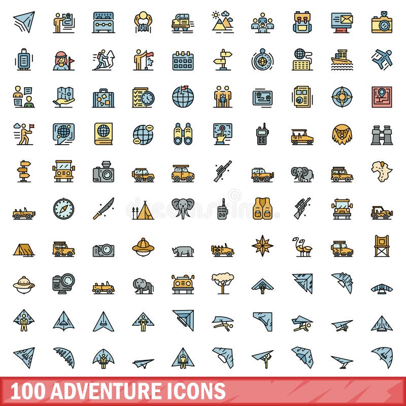 100 Adventure Icons Set, Color Line Style Stock Illustration ...