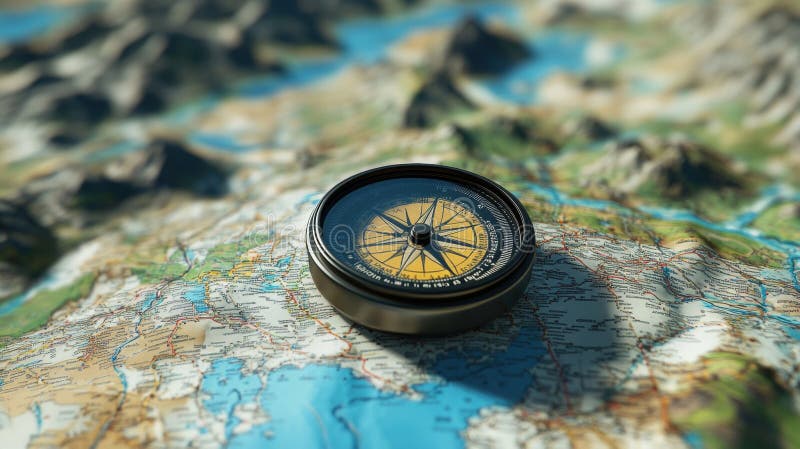 Adventure-inspired Image of a Magnetic Compass on a Map Stock ...