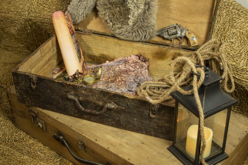 Skull and Adventure Objects for Exploration Stock Photo - Image of wood ...