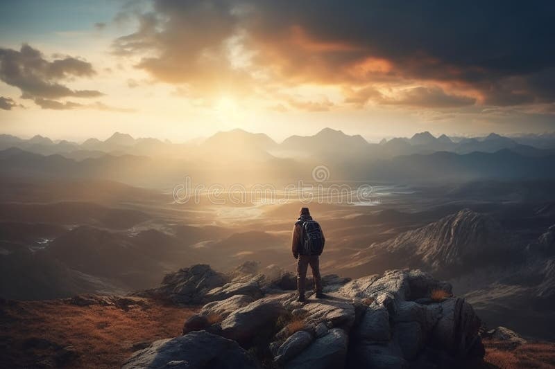 Adventure Man Looking at Rocky Mountain Landscape Stock Illustration ...