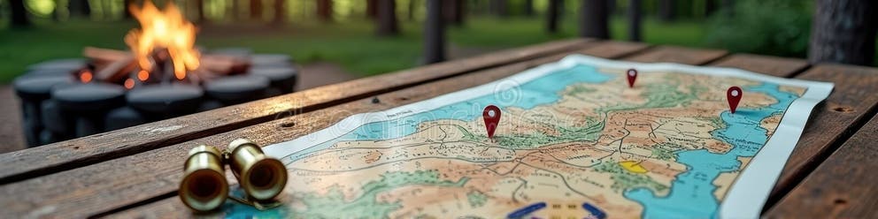 Adventure Map on Wooden Table by Campfire in Forest Setting Stock Photo ...