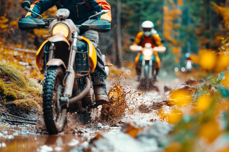 IA Photography Adventure Motorcyclists Riding through Muddy Forest ...