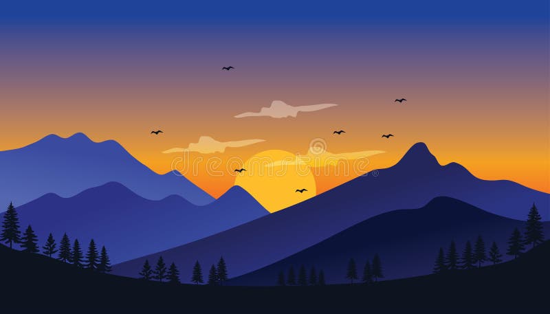 Adventure Mountains Sunset Background with Orange and Blue Light ...