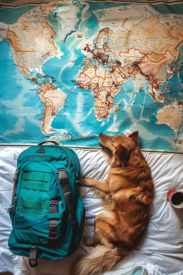 Adventure Planning with Dog Relaxing Near Backpack and World Map Stock ...