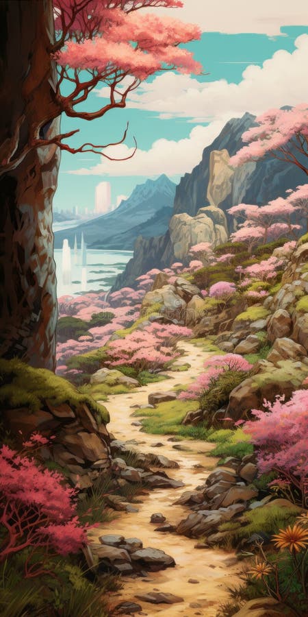 Adventure Pulp Landscape with Pink Flowers and Magnolia Stock ...