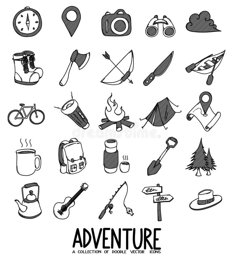 Adventure Related Doodle Vector Icon Set. Drawing Sketch Illustration ...