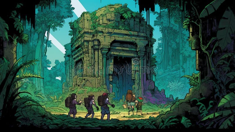 An Adventure Scene of a Group of Explorers Discovering a Lost Temple in ...