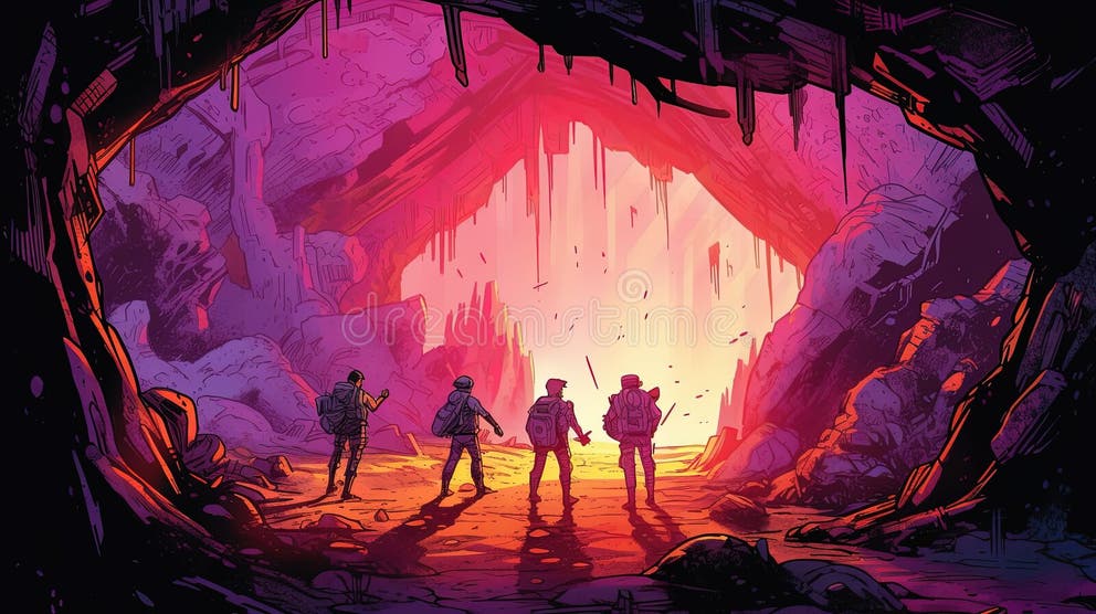 An Adventure Scene of a Group of Explorers Discovering an Underground ...
