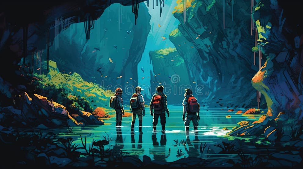 An Adventure Scene of a Group of Explorers Discovering an Underground ...