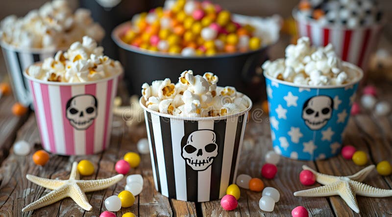 Adventure Snack: Close-Up of Popcorn and Pirate-Themed Party Decor ...