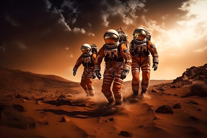 Adventure of Three Spacemen or Astronauts on Mars Stock Image - Image ...