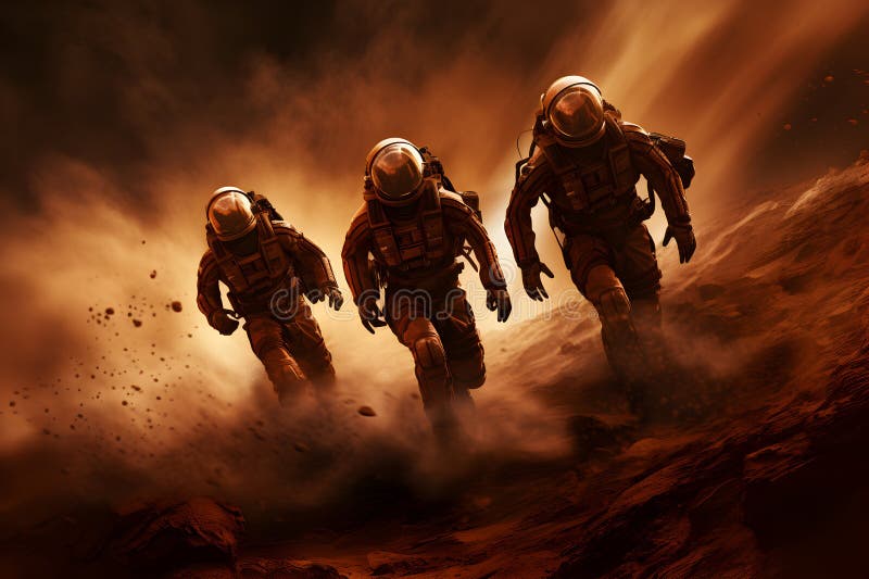 Adventure of Three Spacemen or Astronauts on Mars Stock Photo - Image ...