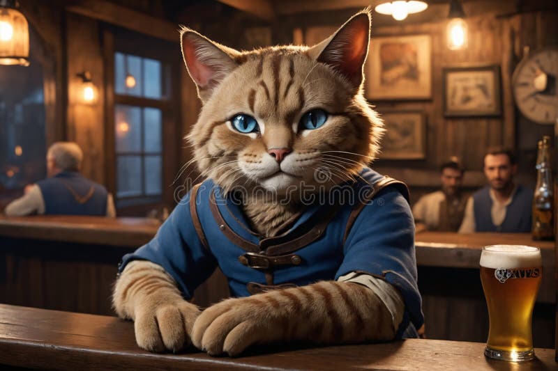 An Adventurer Anthropomorphic Cat in a Tavern Stock Illustration ...