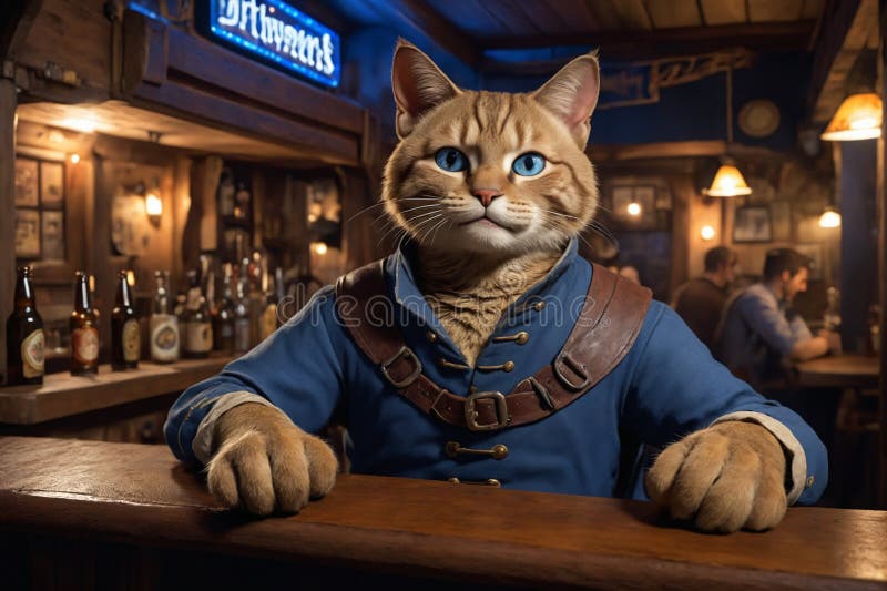 An Adventurer Anthropomorphic Cat in a Tavern Stock Illustration ...