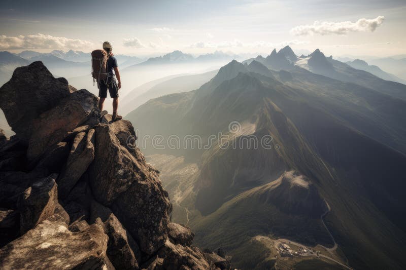 Adventurer Climbing Mountain Peak, with View of the Valley Below Stock ...