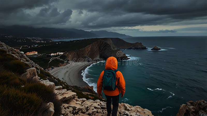 Adventurer Contemplating Dramatic Coastal Scenery Stock Illustration ...