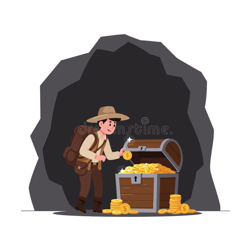 Adventurer Finding Treasure in Cave with Flat Vector Illustration Stock ...