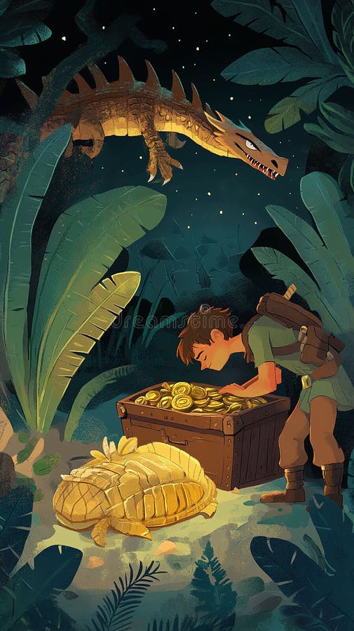 Adventurer Finding a Treasure Chest Guarded by a Sleeping Dragon Stock ...