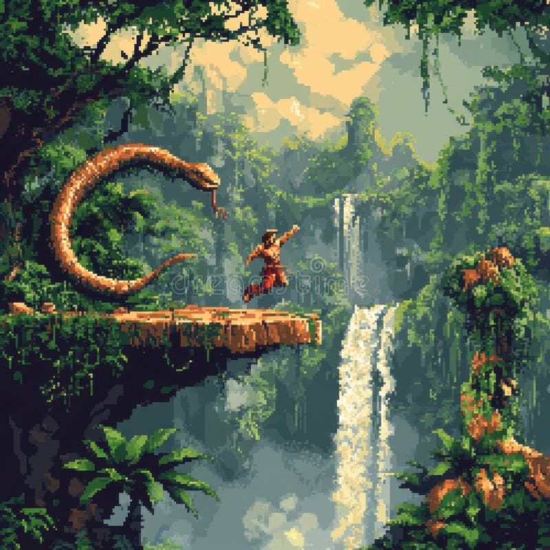 Adventurer in Jungle with Waterfall and Large Snake Encounter Stock ...