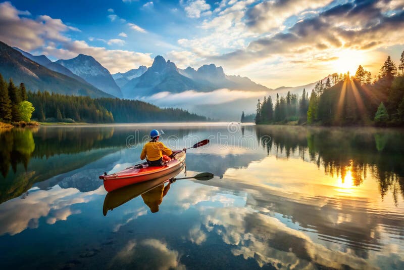 Adventurer Kayaking in Calm Lake Stock Illustration - Illustration of ...