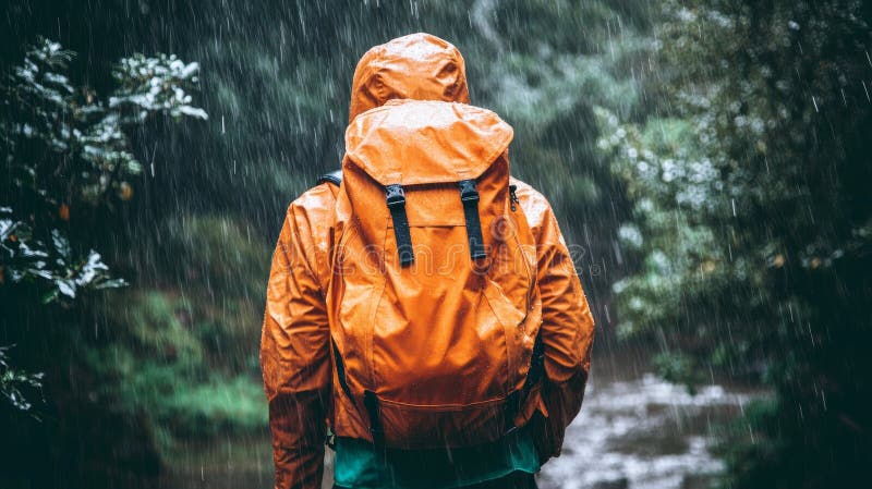 Adventurer in an Orange Backpack and Rain Jacket Embracing Nature S ...