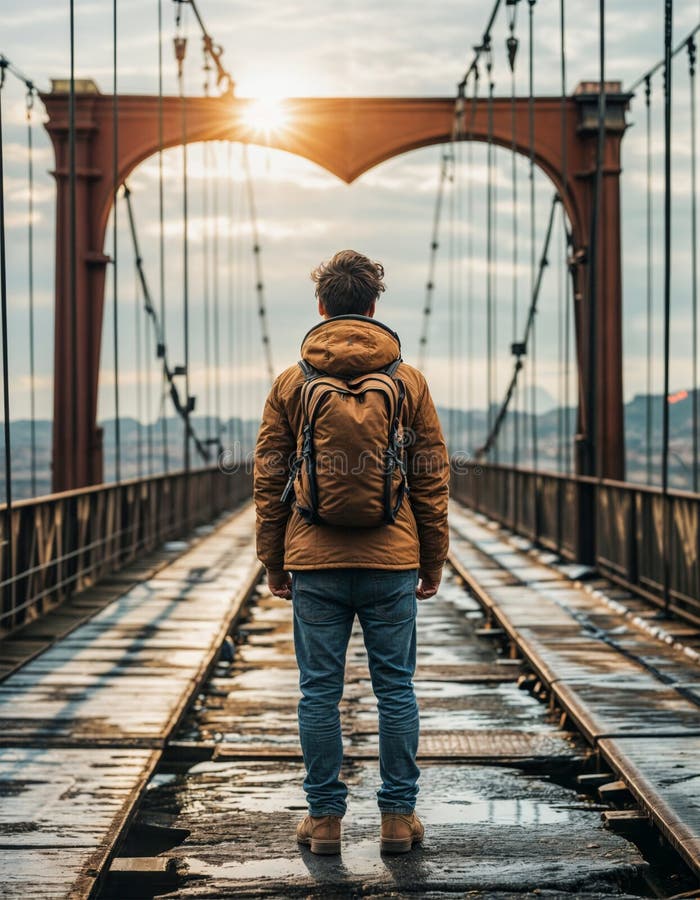 Adventurer Standing on Bridge at Sunrise with Backpack Stock Image ...