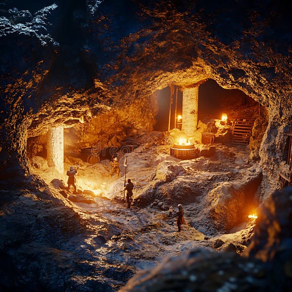 Adventurers Exploring a Mysterious Cave Lit by Torches Stock ...