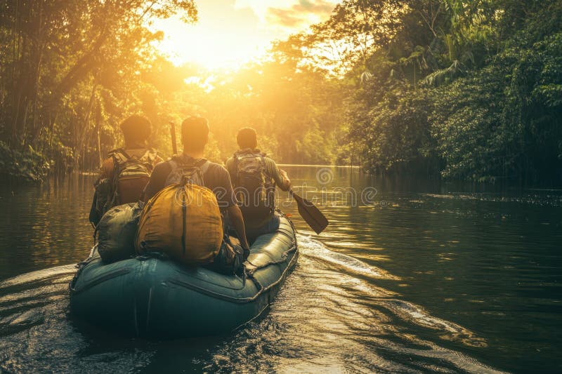 Adventurers Paddle Down a Serene River Surrounded by Lush Jungle at ...
