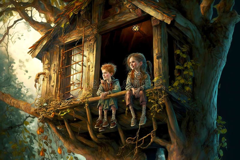 Adventures in Forest Children Sitting in Tree House Stock Illustration ...