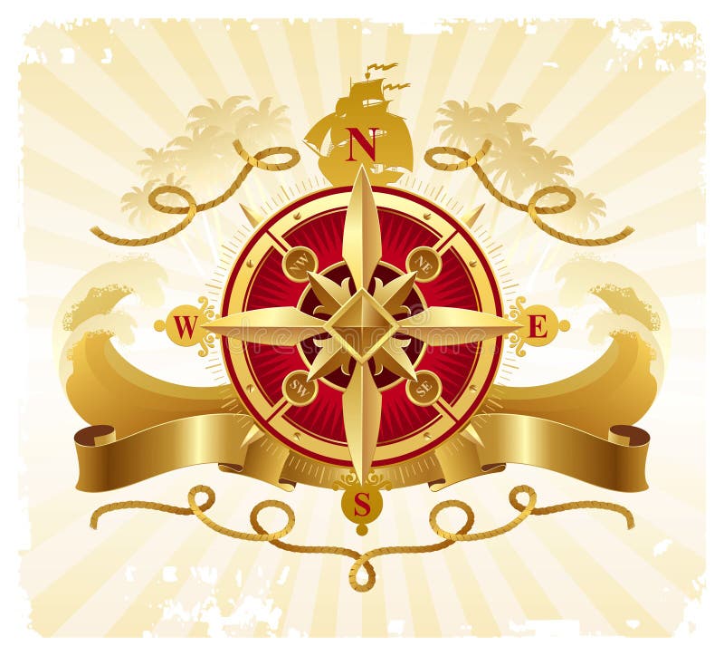 Adventures Vintage Emblem with Golden Compass Rose Stock Illustration ...