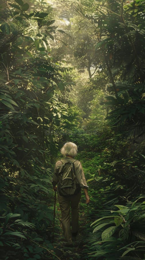 Adventurous Back View of an Ageless Woman Trekking through a Dense ...