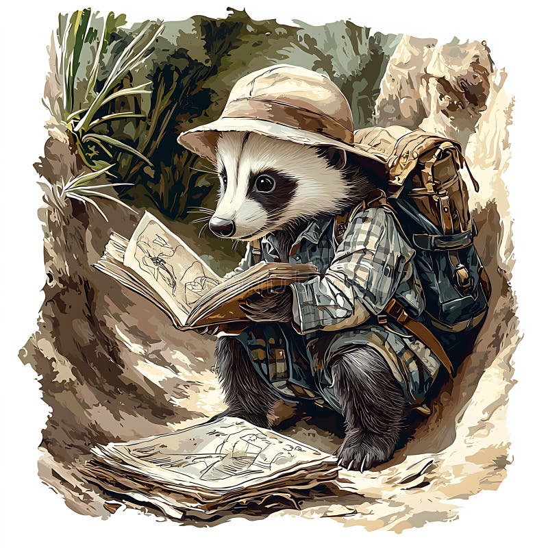 Adventurous Badger Reading a Map in the Wilderness Stock Illustration ...