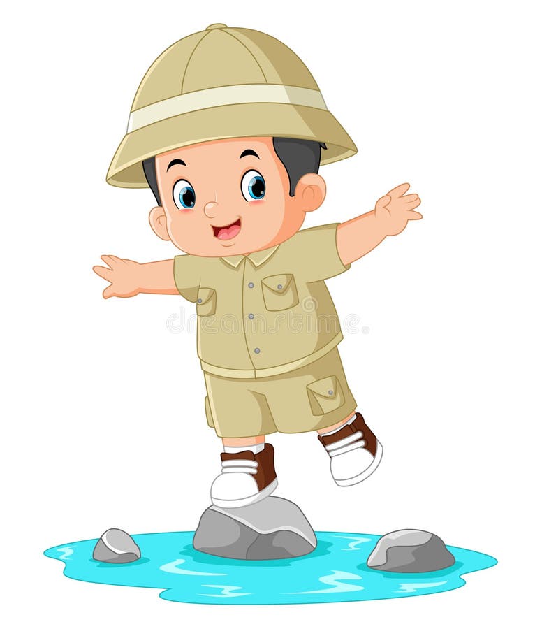 An Adventurous Boy Jumps between the Rocks in the River Stock Vector ...