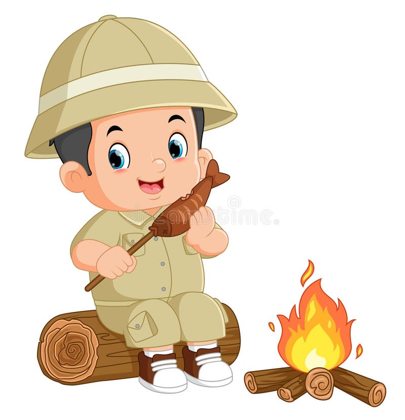 An Adventurous Boy Sits on a Fallen Tree and is Eating Grilled Fish in ...