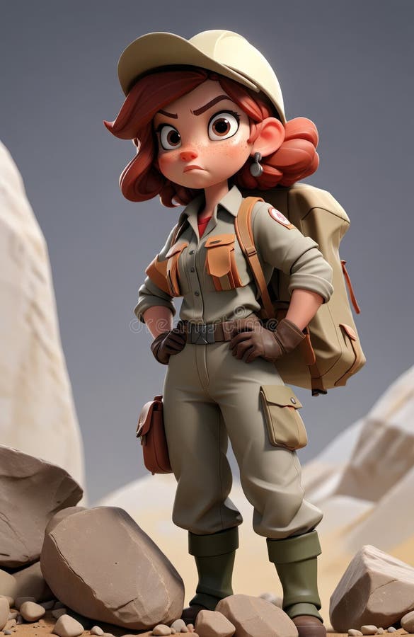 Adventurous Cartoon Explorer Girl in Desert Setting with Backpack and ...