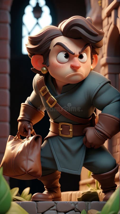 Adventurous Cartoon Explorer in Medieval Setting with Determined ...