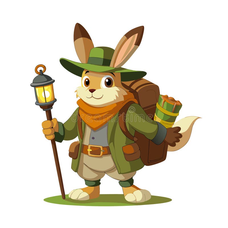 Adventurous Cartoon Rabbit Character with Backpack, Lantern, and Hat on ...