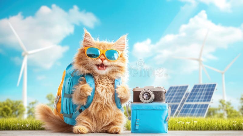 Adventurous Cat with Backpack and Camera in Solar-powered Wind Farm ...