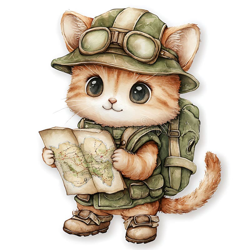 Adventurous Cat Explorer with Map and Backpack Watercolor Illustration ...