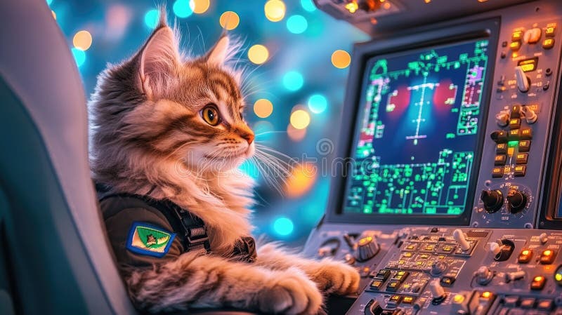 Adventurous Cat Pilot in a Cockpit with Colorful Lights in the ...