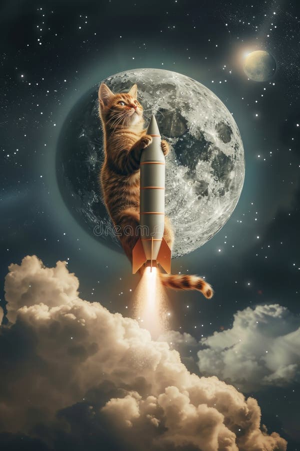 Adventurous Cat Piloting a Moonbound Bitcoin Rocket, Clear Celestial ...