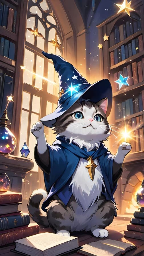 Adventurous Cat in Wizard Hat Casting Spells Stock Illustration ...